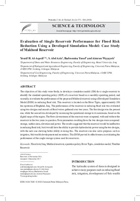 Pdf Science And Technology Evaluation Of Single Reservoir Performance