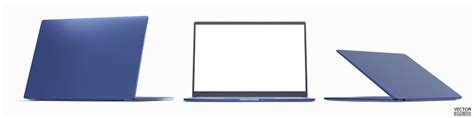 파란색 노트북의 3d 이미지 흰색 배경에 고립 된 다른 각도에서 앞면과 뒷면 보기 빈 화면 디스플레이가 있는 사실적인 노트북 블루 컬러 모형 3d 벡터 일러스트 레이 션 0