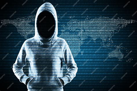 Premium Photo Hacker In Hoodie Standing On Abstract Binary Code Map Background Global Criminal