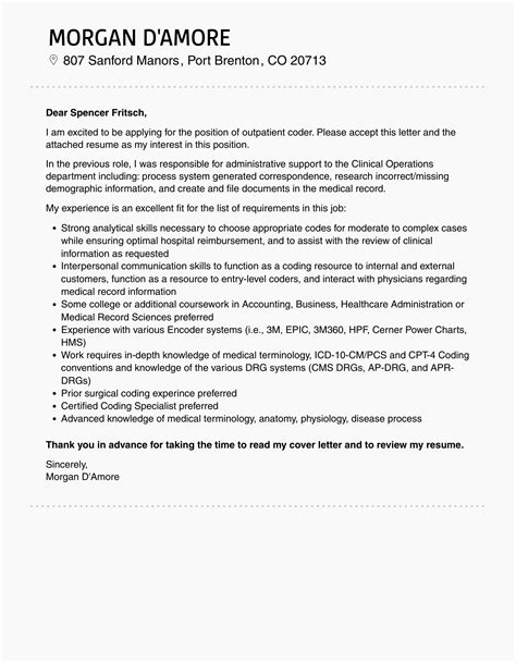 Outpatient Coder Cover Letter Velvet Jobs