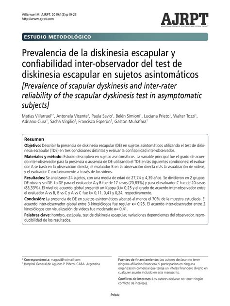 Pdf Prevalence Of Scapular Dyskinesis And Inter Rater Reliability Of The Scapular Dyskinesis