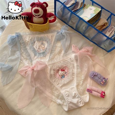 산리오 헬로 키티 메쉬 투명 속옷 섹시한 Y k 소녀 스트랩 리본 브리프 여성 속옷 카와이 만화 레이스 팬티 AliExpress