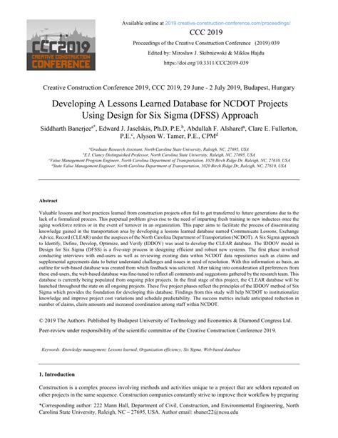 pdf developing a lessons learned database for ncdot projects using