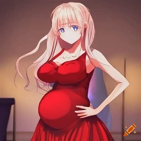 Illustration Of A Pregnant Woman In A Red Dress At A Restaurant On Craiyon