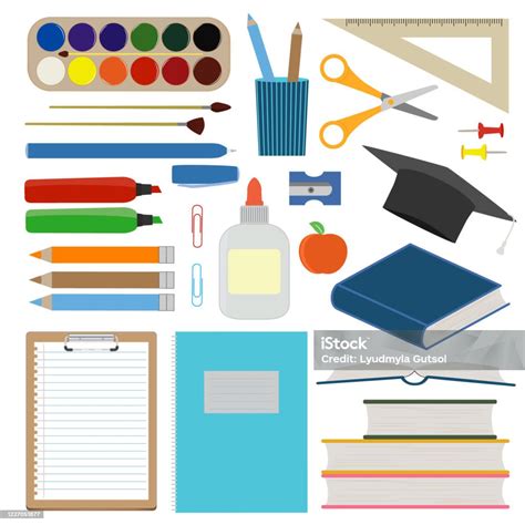 학교 용품의 큰 세트 학교 벡터 플랫 일러스트로 돌아가기 카드 포스터 교사의 날 지식 졸업용 문구류 컬렉션 학교 도구의 만화