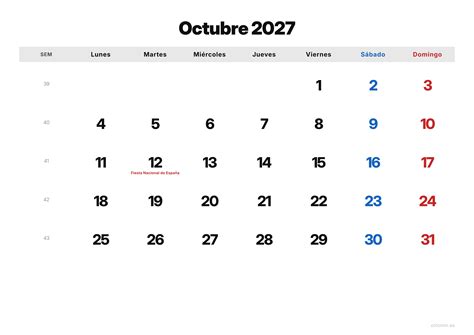 Calendario Octubre 2027 De España Para Imprimir · Con Festivos Pdf Png