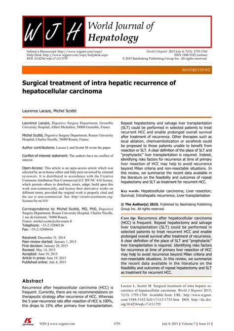 Pdf Surgical Treatment Of Intra Hepatic Recurrence Of Hepatocellular Carcinoma