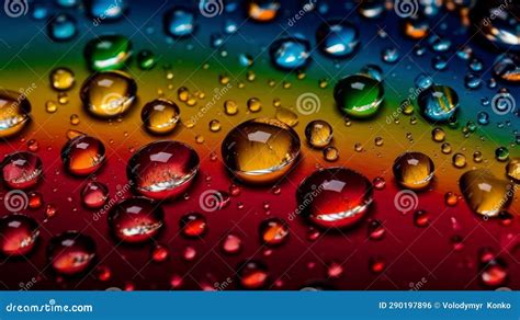 Colorful Water Droplets On A Reflective Surface Creating A Rainbow