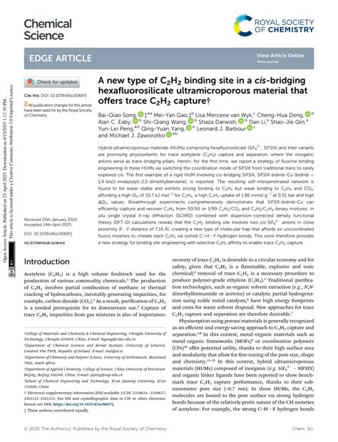 Pdf A New Type Of C2h2 Binding Site In A Cis Bridging Hexafluorosilicate Ultramicroporous