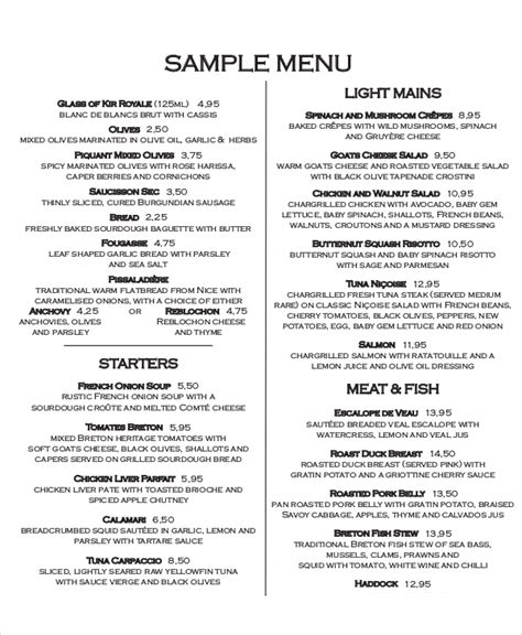 Free 25 Sample Food Menu In Pdf Ms Word