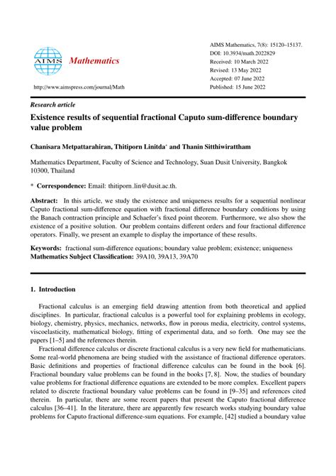 Pdf Existence Results Of Sequential Fractional Caputo Sum Difference Boundary Value Problem