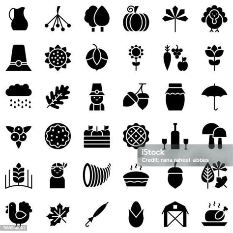 추수 감사절 관련 아이콘 디자인에 설정 칠면조 호박 파이 단풍 도토리 필그림 열매 꿀 및 농업 제품과 같은 솔리드 스타일 추수감사절에 대한 스톡 벡터 아트 및 기타 이미지