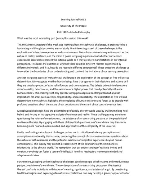 Learning Journal Unit 2 Pdf Metaphysics Reality