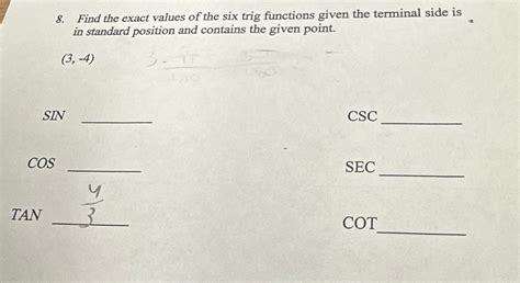 solved 8 find the exact values of the six trig functions given the