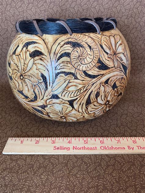 Handmade Wood Burned Western Gourd Bowl Western Gourd Design With