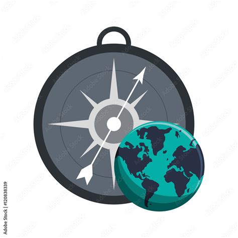 Flat Design Compass And Earth Globe Icon Vector Illustration Stock