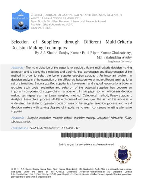 Pdf Selection Of Suppliers Through Different Multi Criteria Decision Making Techniques
