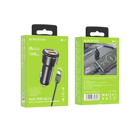 Borofone Bz17 듀얼 Usb 포트 Qc30 Type C Usb C 충전 케이블이있는 자동차 충전기 검은 색
