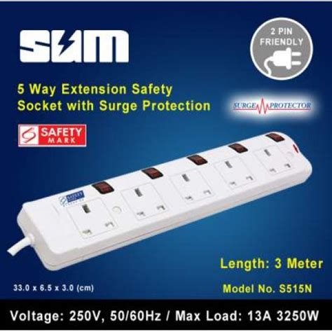 SUM Way Portable Extension Socket Cable M With Neon And Surge Protector