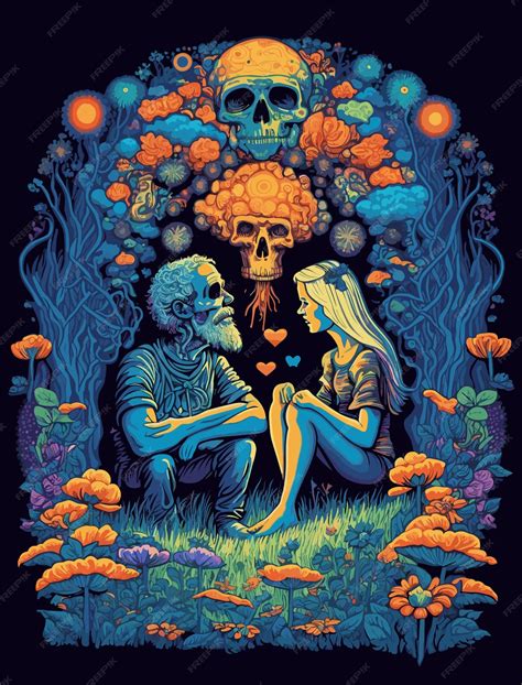 Premium Vector Hippie Couples Bad Trip Psychedelic Poster Skull And