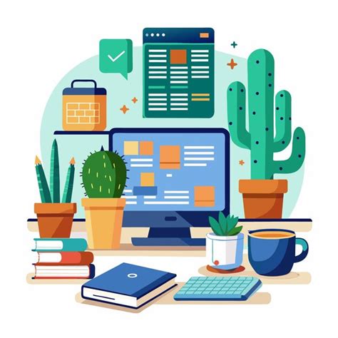 Coding Programmer Workspace With Cactus Coffee And Book Illustration Premium AI Generated Vector