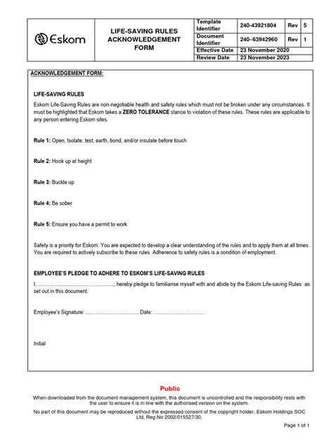 Acknowledgement Eskom Life Saving Rules Pdf