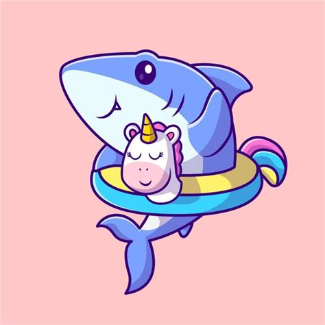 تصویر وکتور کارتونی کوسه ناز در حال شنا با تایرهای تک شاخ تعطیلات حیوانات جدا شده 1667015