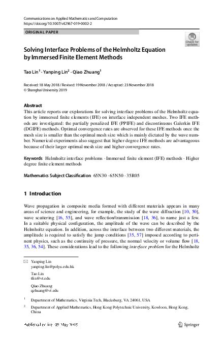 Pdf Solving Interface Problems Of The Helmholtz Equation By Immersed Finite Element Methods
