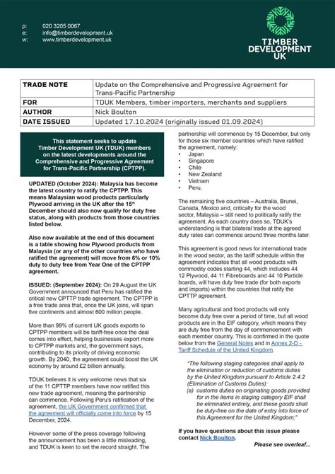 Tduk Trade Note Update To Cpttp Agreement Updated October 2024