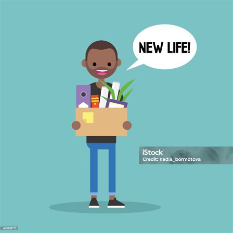 새로운 생활 개념 그림입니다 편집 가능한 오피스 문구 상품의 전체 플랫 상자를 들고 젊은 흑인 남자 그림 클립 아트 벡터 시작에 대한 스톡 벡터 아트 및 기타 이미지