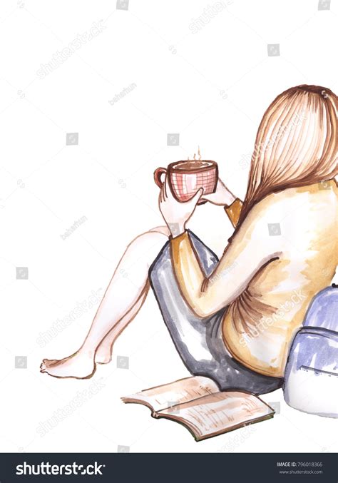 Watercolor Girl Drinking Coffee Reading Book Stock Illustration
