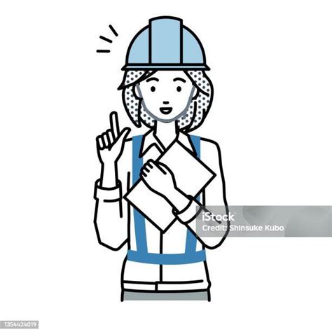 포인팅 핸드 제스처로 서있는 아이디어를 얻는 건설 현장에서 일하는 여성 가리키기에 대한 스톡 벡터 아트 및 기타 이미지