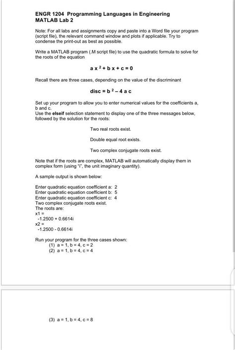 Solved Engr 1204 Programming Languages In Engineering Matlab