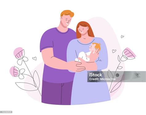 가족은 신생아를 포옹합니다 엄마와 아빠는 유아를 안고 젊은 부모를 함께 미소 짓습니다 지원 및 보살핌 부모 개념 킥키 한 어머니 아버지 아이 벡터 캐릭터 남자에 대한 스톡