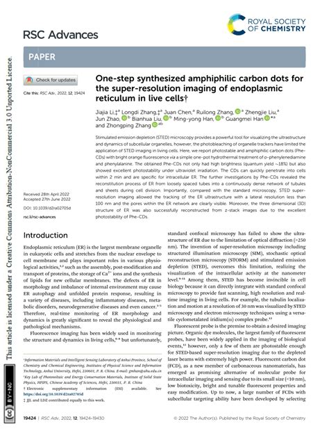 Pdf One Step Synthesized Amphiphilic Carbon Dots For The Super Resolution Imaging Of