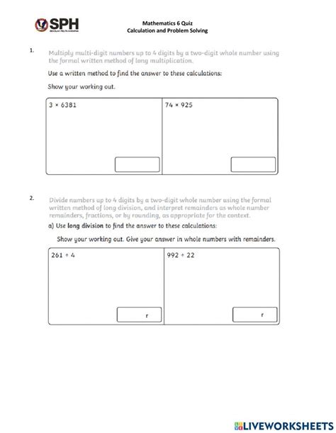 Math 6 Calculation Quiz Worksheet Live Worksheets