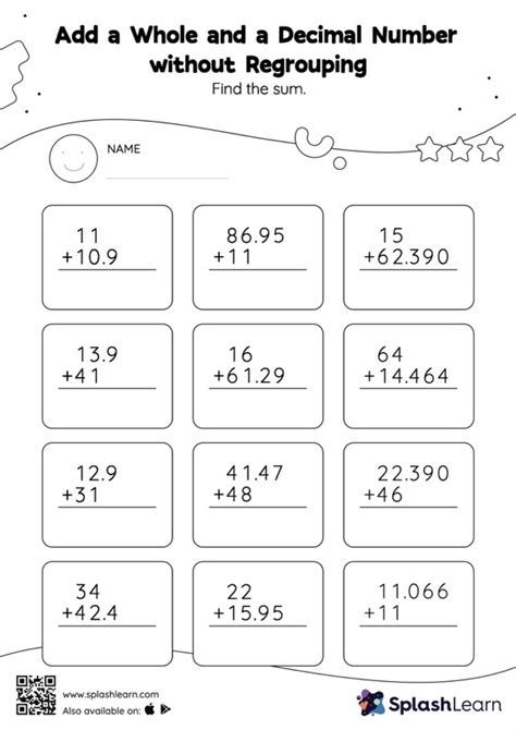 Add A Whole And A Decimal Number Without Regrouping Vertical Addition Worksheet