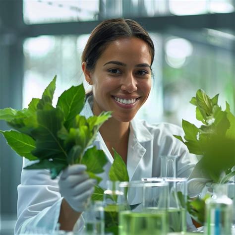 A Woman Is Holding A Bunch Of Celery In A Lab Coat Premium Ai Generated Image