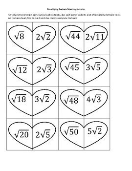 Simplifying Radicals Matching Activity Cut And Paste By Maria Del Carmen Lopez