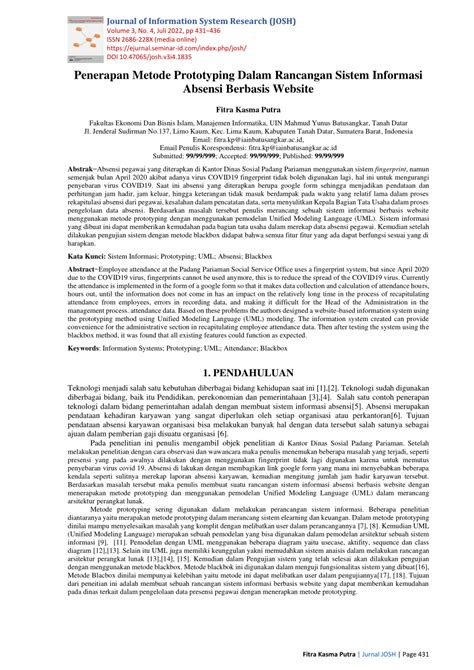 Pdf Penerapan Metode Prototyping Dalam Rancangan Sistem Informasi Absensi Berbasis Website