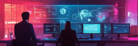 Two Cybersecurity Professionals Analyze Data On Multiple Screens In A