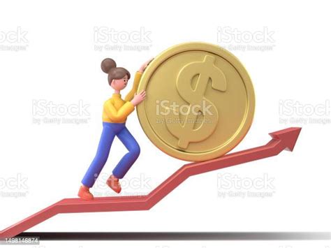 아시아 여성 안젤라가 언덕 위로 달러 동전을 굴리며 사업을 하는 3d 삽화 인도 루피 금융 및 투자가를 위한 플랫 디자인 일러스트레이션 흰색 배경에 3d 렌더링입니다 가공의