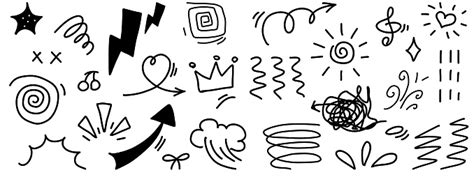 손으로 그린 만화 낙서 선 모양 화살표 별 하트 및 구름 반짝임 태양 왕관 나선 장식 기호 세트 그래픽 아이콘입니다 투명한 배경에 고립된 벡터 디자인 요소 낙서 드로잉에