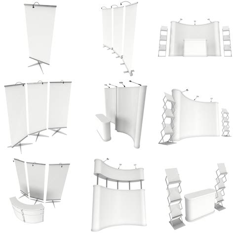 무역 박람회 부스 세트 롤업 팝업 리셉션 데스크 3d 렌더링 흰색 배경에 고립 프리미엄 사진