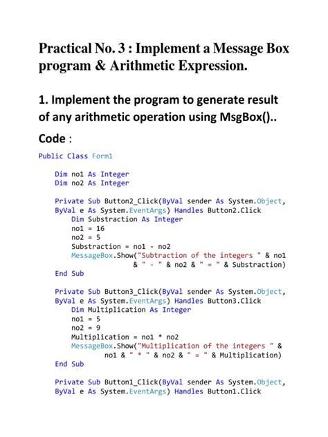 practical no 3 implement a message box program and arithmetic expression pdf subtraction