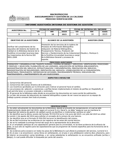 Informe Auditoria 9 2015 Pdf Auditoría Sistema De Manejo De Calidad