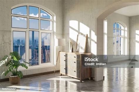 아치형 창문과 미니멀한 인테리어 거실 디자인을 갖춘 고급스러운 로프트 아파트 3d 일러스트레이션 0명에 대한 스톡 사진 및 기타 이미지 Istock