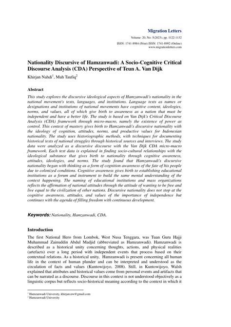 Pdf Nationality Discursive Of Hamzanwadi A Socio Cognitive Critical