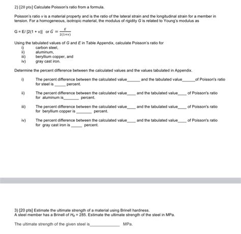 Pts Calculate Poisson S Ratio From A Formula Chegg