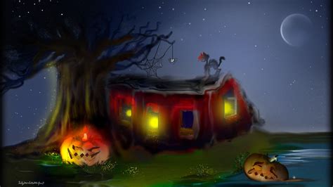 아트 페인팅 할로윈 호박 거미 고양이 나무 달 배경 화면 1920x1080 배경 화면 다운로드